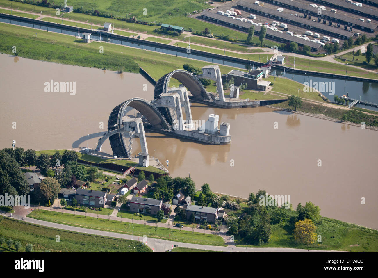 Netherlands, Hagestein. Open Weir and lock complex in Lek river. Aerial ...