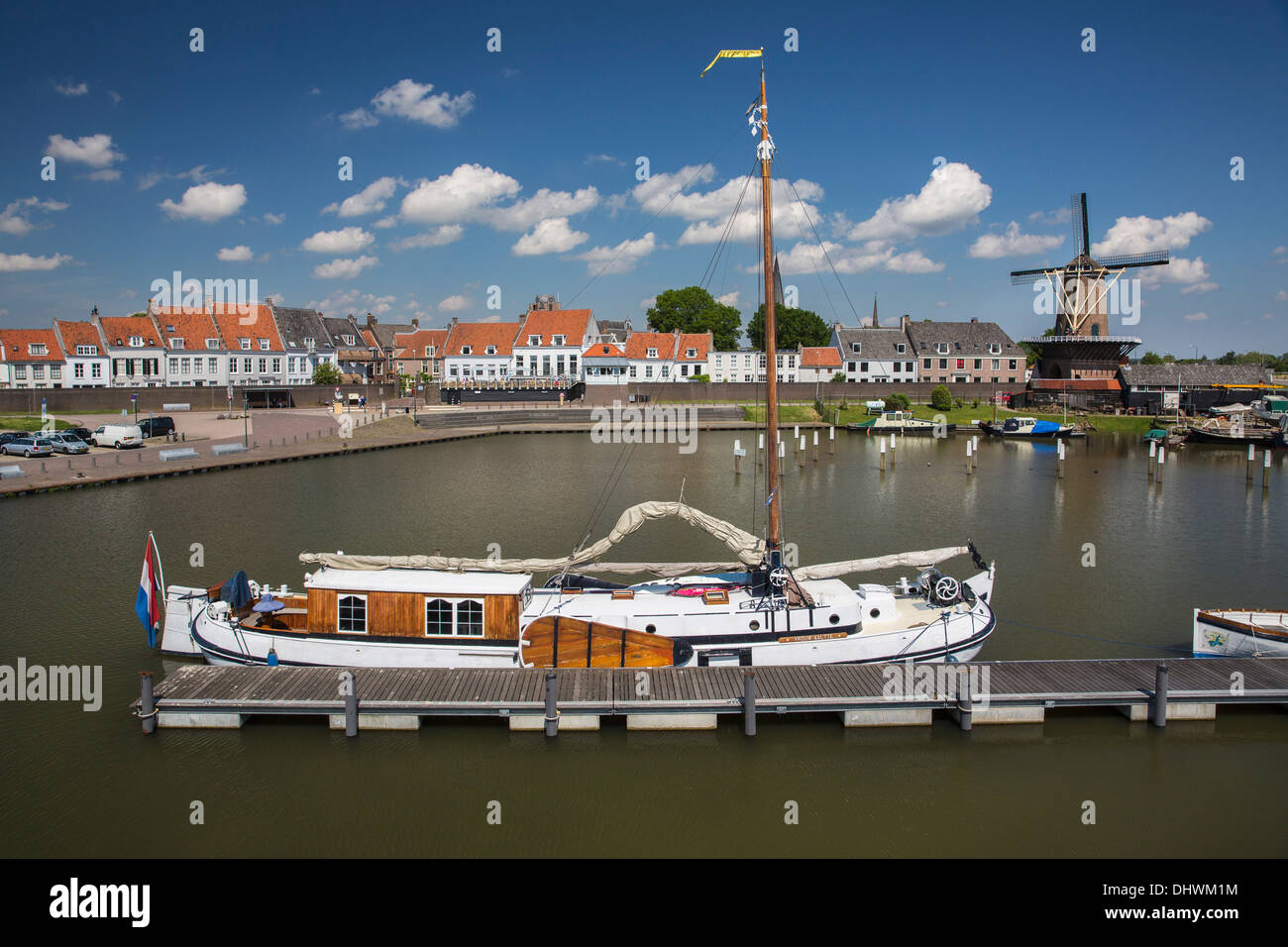 Netherlands, Wijk bij Duurstede. Harbour near Nederrijn river. Windmill ...