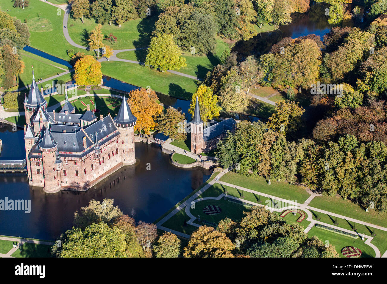 Netherlands, Haarzuilens. Castle called De Haar. Aerial. Autumn Stock ...
