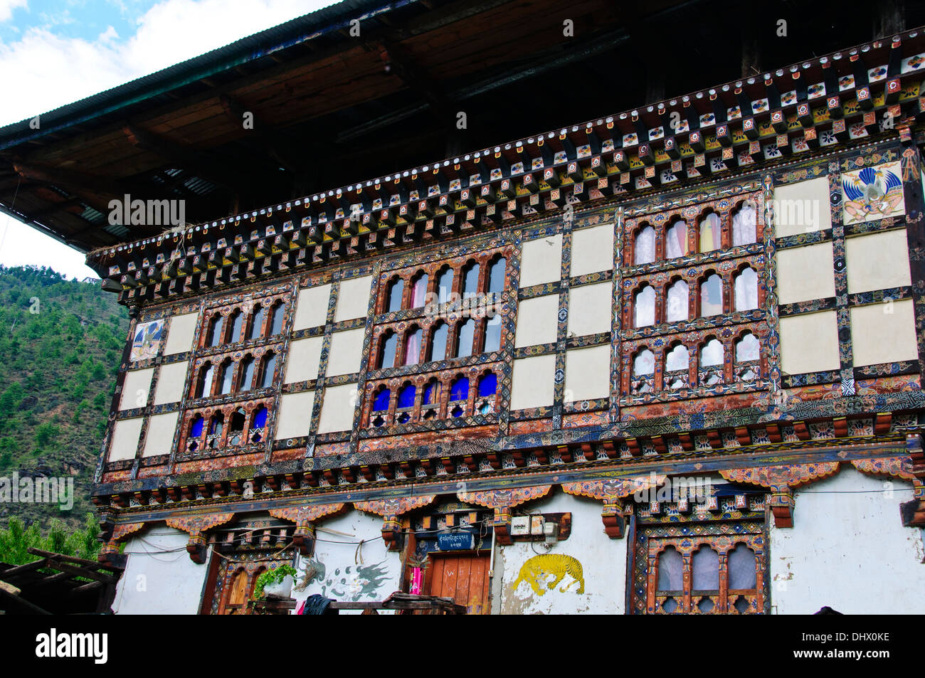 Paro,main street,traditional architecture,richly decorated buildings ...