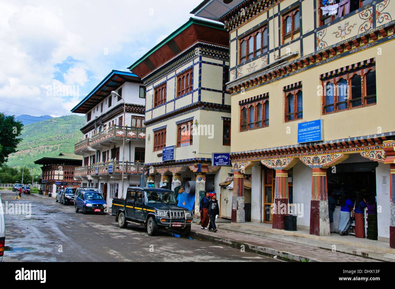Paro,main street,traditional architecture,richly decorated buildings ...