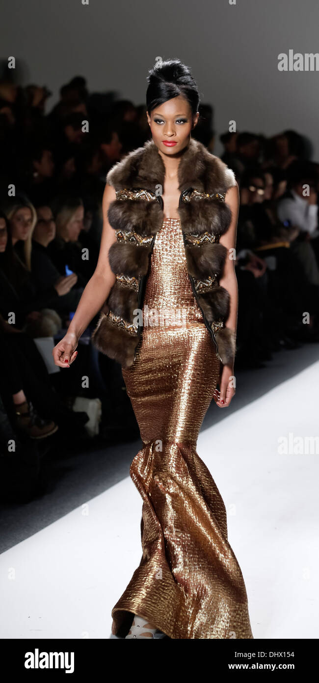 NEW YORK, NY - FEBRUARY 15, 2012: Model walks runway for Farah Angsana ...