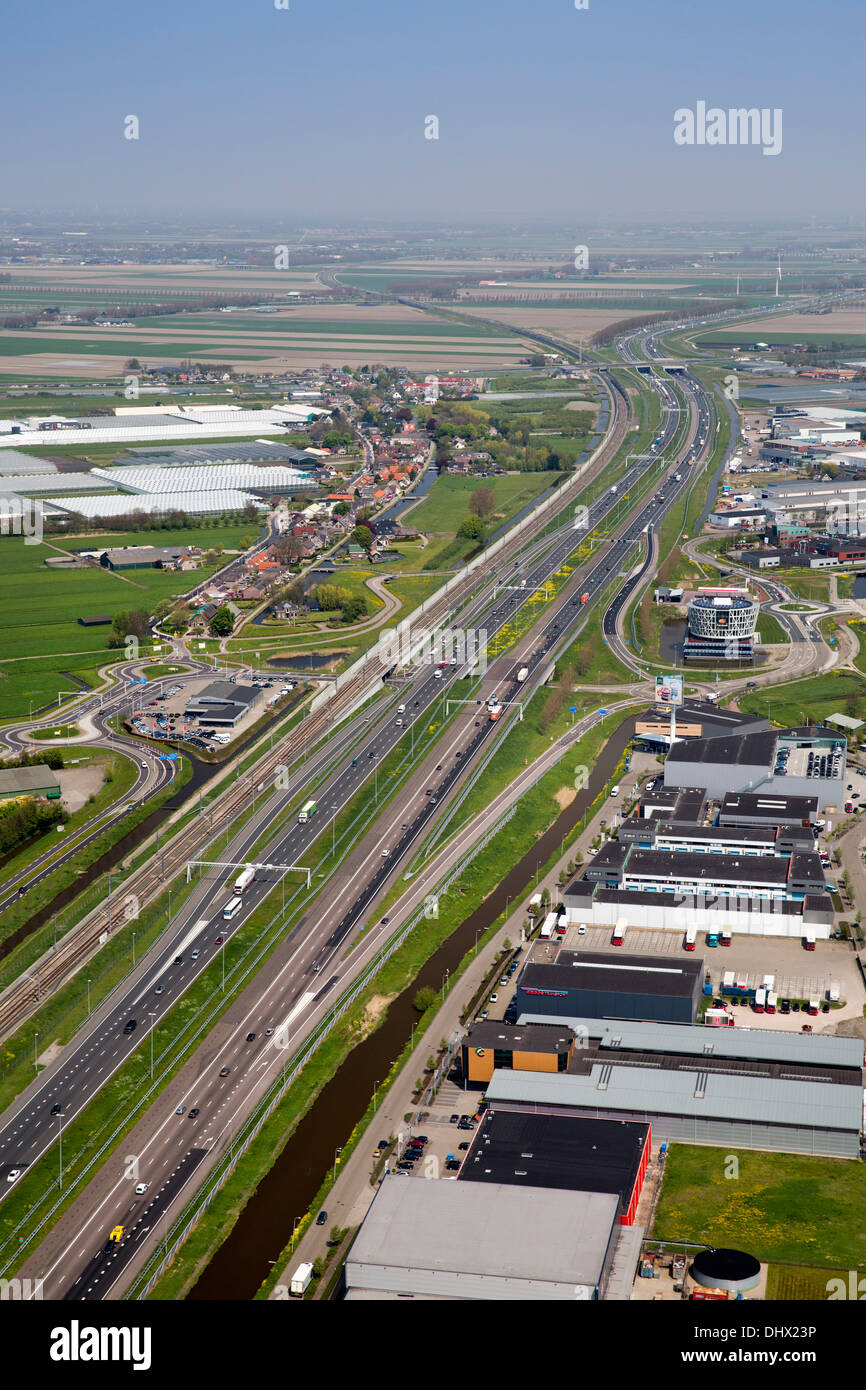 Netherlands, Roelofarendsveen, Highway A4 and industrial area ...