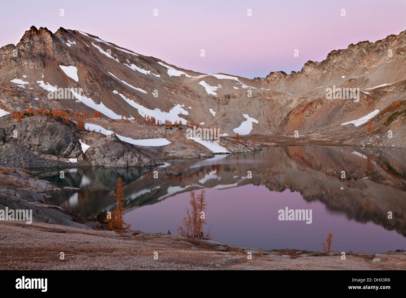 Reflection in Upper Ice Lake before sunrise, Glacier Peak Wilderness ...
