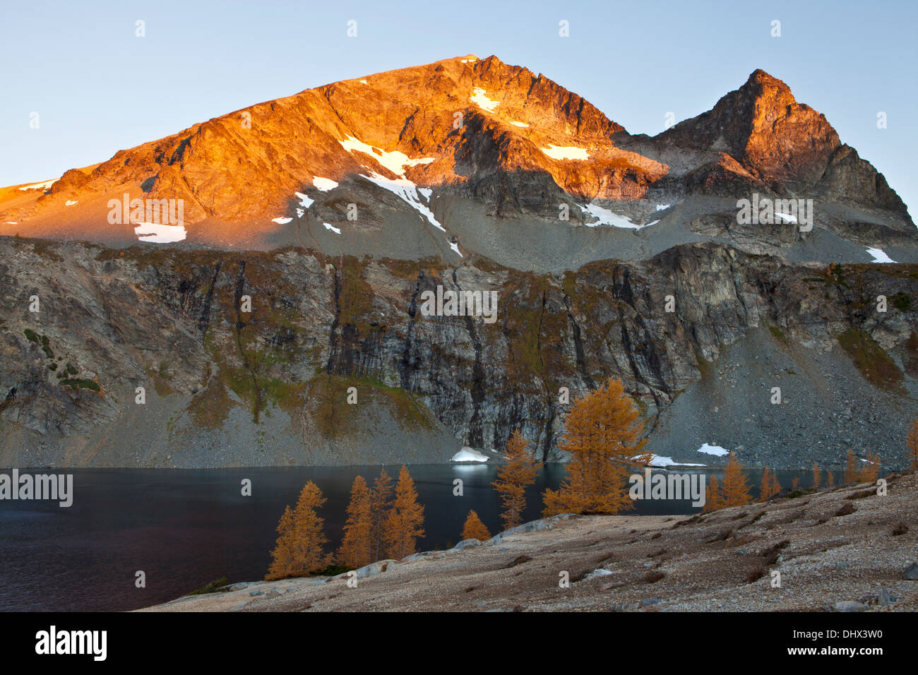 Mount Maude above Upper Ice Lake and larches, Glacier Peak Wilderness ...