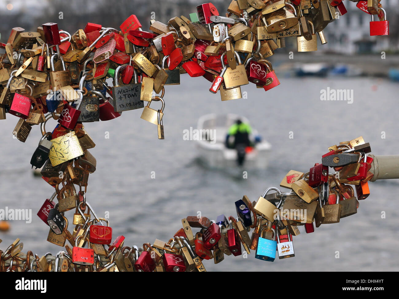 Rostock-Warnemuende, Germany. 15th Nov, 2013. Colourful love locks hang ...