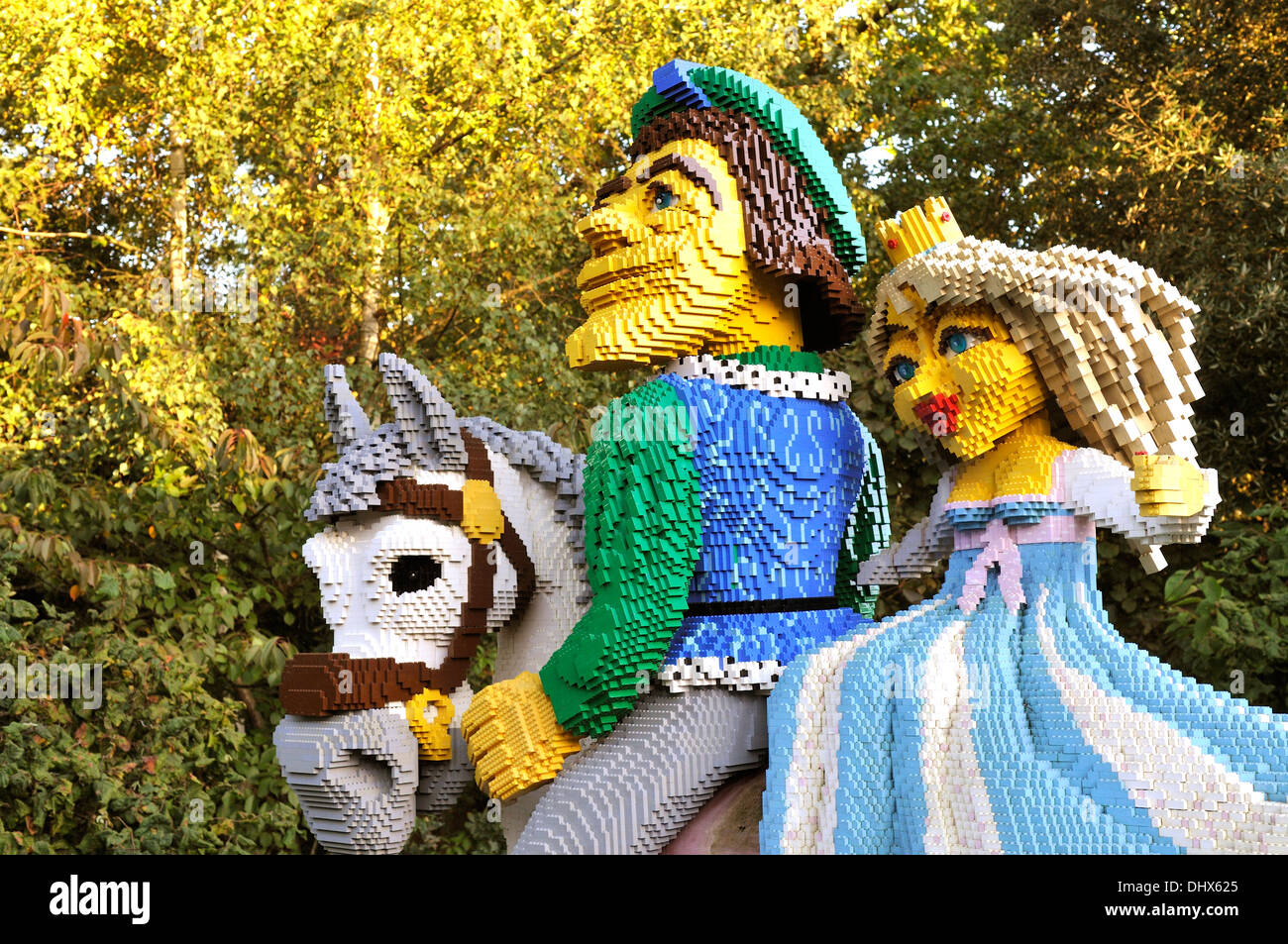 Lego model of man and woman on hoursback at Legoland, Windsor, UK Stock ...