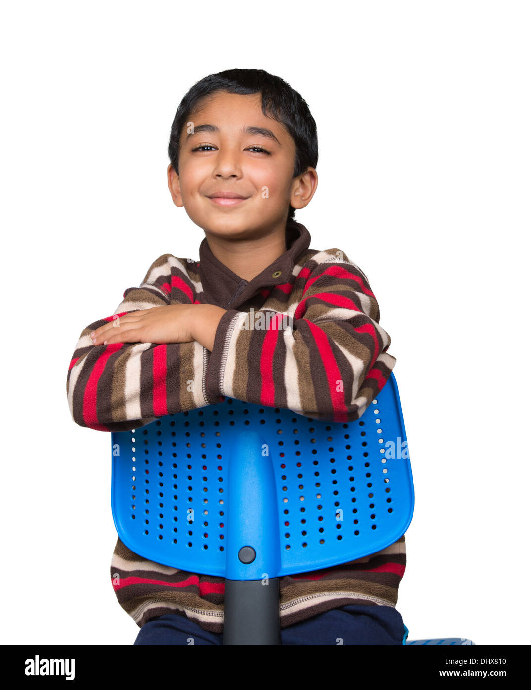 Portrait of a Smiling Little Boy Sitting Reverse on a Chair, Isolated ...