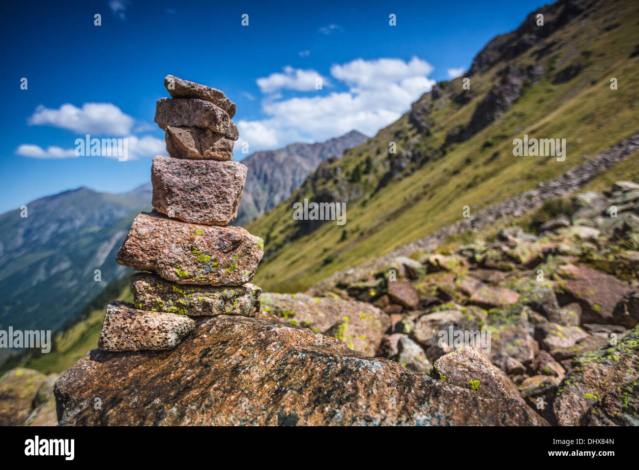 Stone cairn pyramid in mountain Stock Photo - Alamy