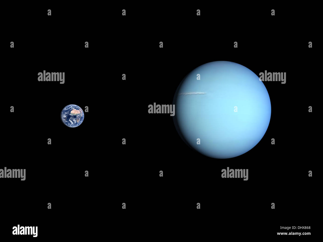 A comparison between the planets Earth and Uranus on a clean black ...