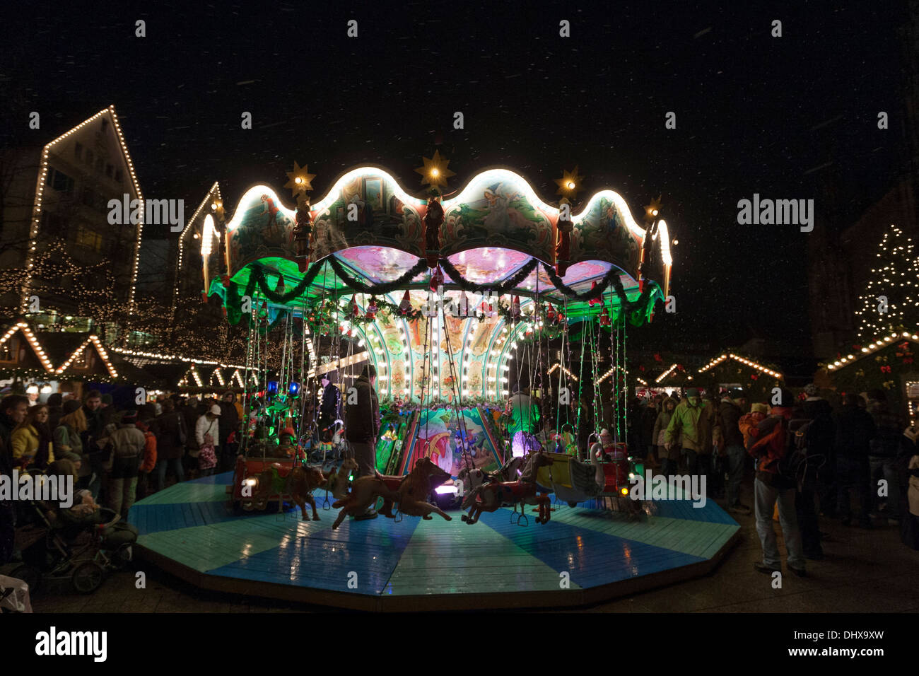 Carousel in the traditional German Christmas Market on the Münsterplatz ...
