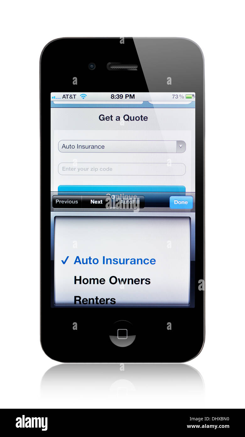 iPhone screen showing auto insurance quote website Stock Photo - Alamy