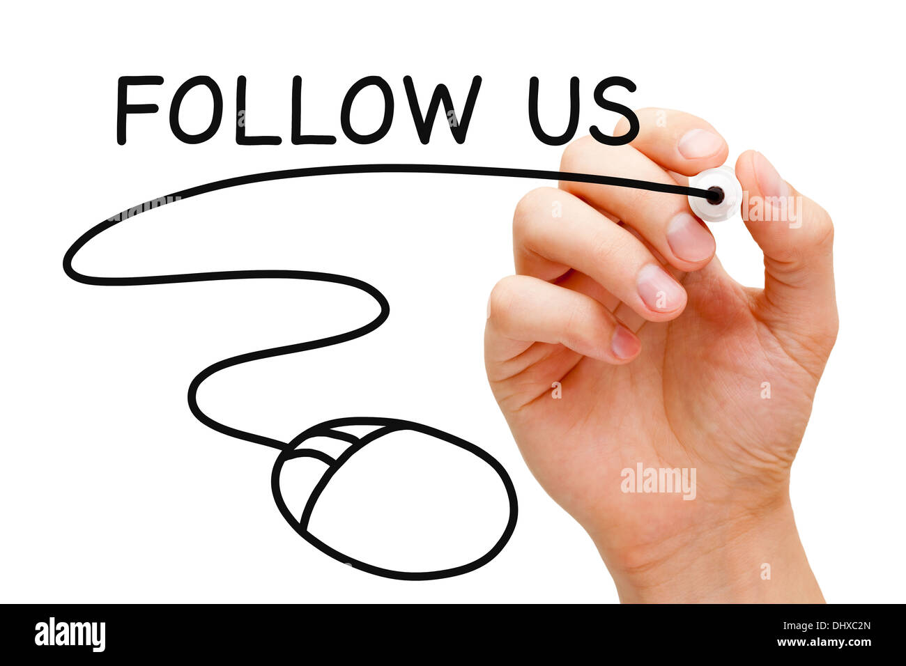 Hand sketching Follow Us concept with black marker on transparent wipe ...