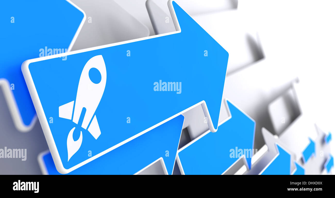Icon of Go Up Rocket on Blue Arrow Stock Photo - Alamy