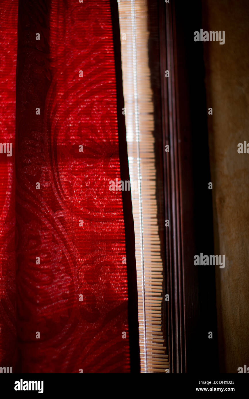Red Curtain in Window, Close Up Stock Photo - Alamy
