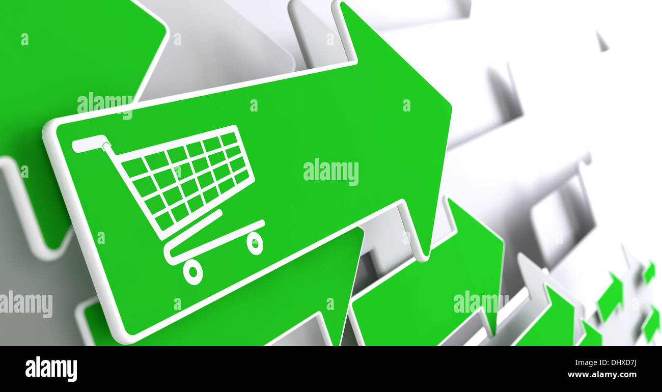 Shopping Cart Icon on Green Arrow Stock Photo - Alamy