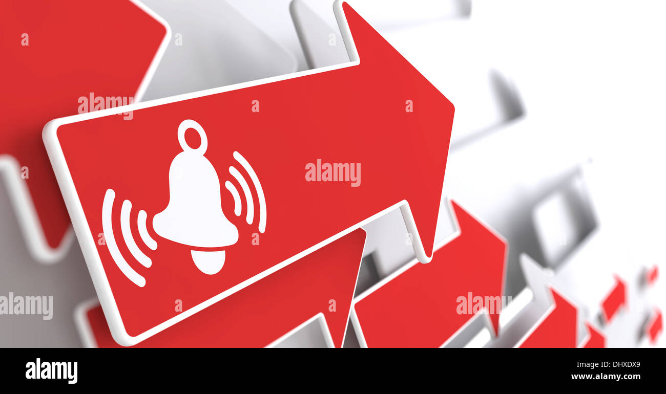 Ringing White Bell Icon on Red Arrow Stock Photo - Alamy