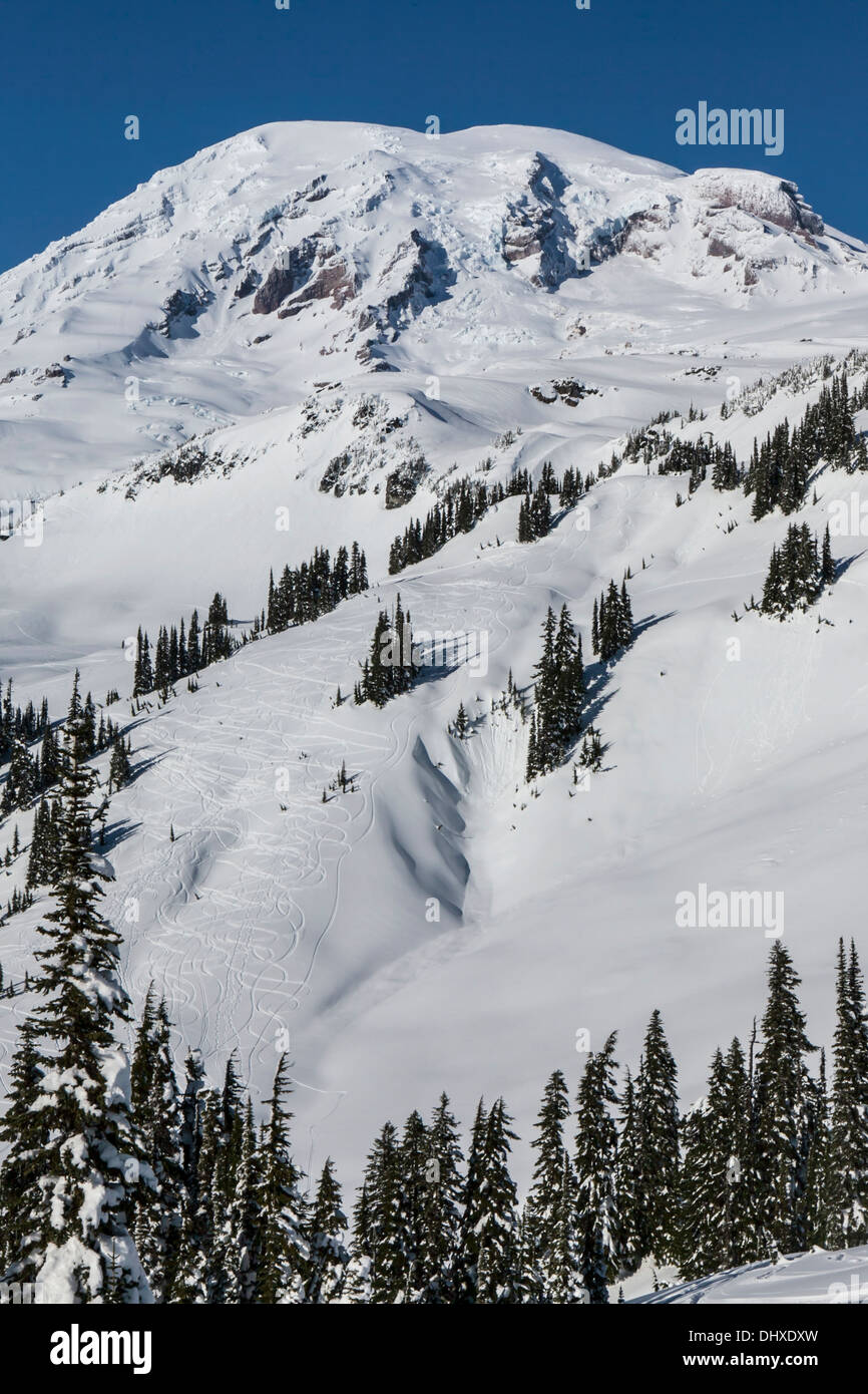 Mount Rainier under a winter blanket of snow, Mount Rainier National ...