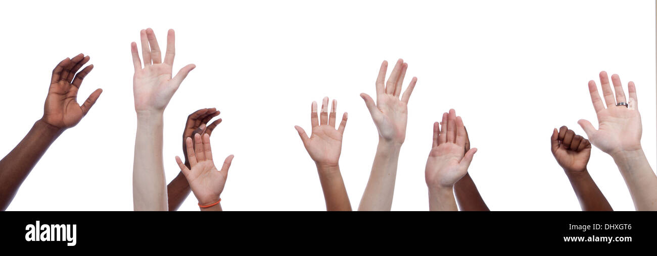 A group of multi-cultural hands raised upward Stock Photo - Alamy