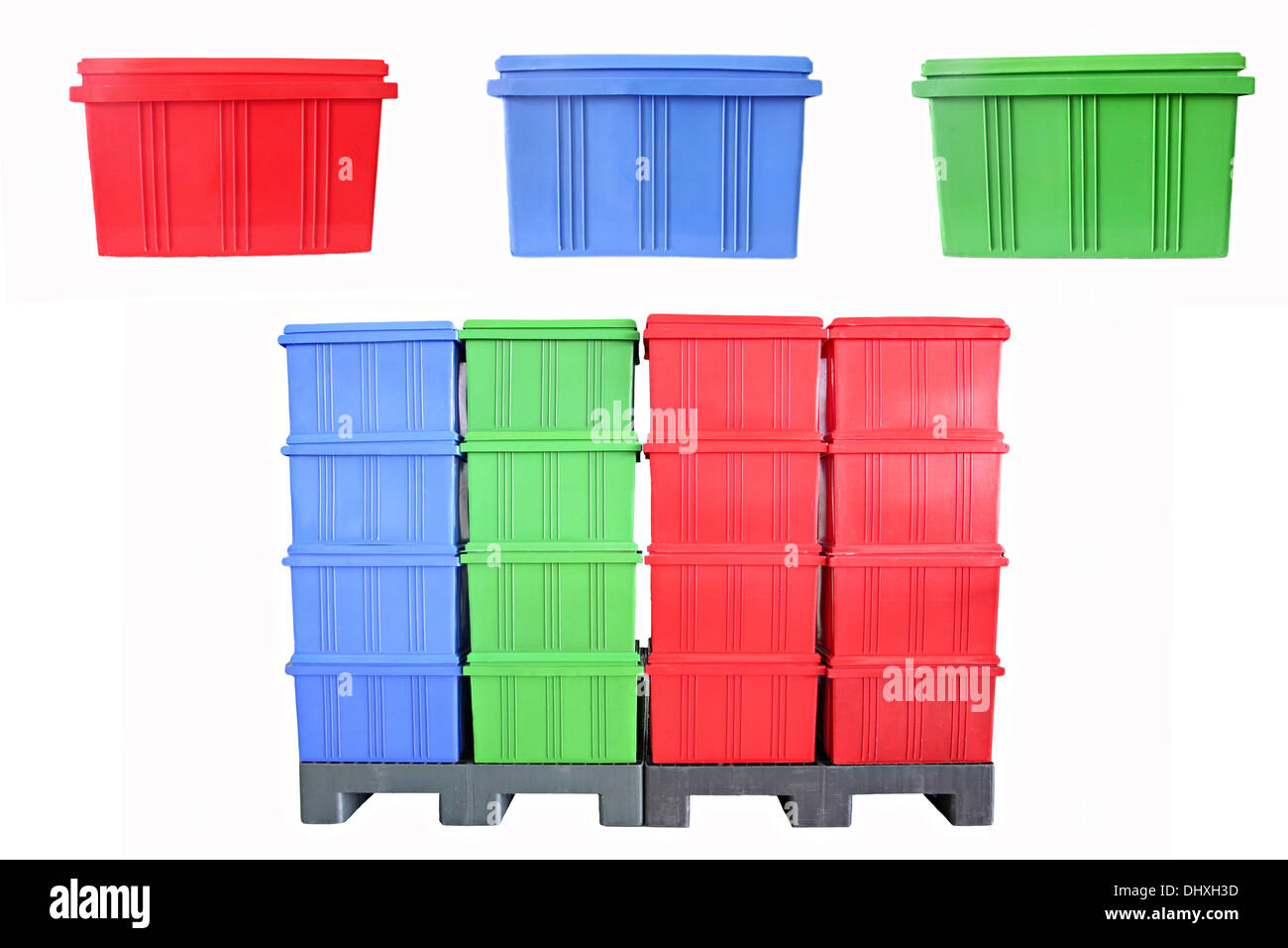 Mix color Plastic box Packaging of finished goods on white background ...