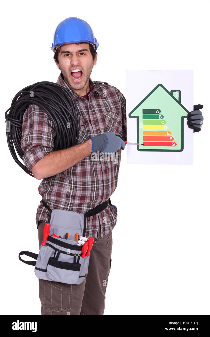 angry electrician showing the level of energy consumption Stock Photo ...
