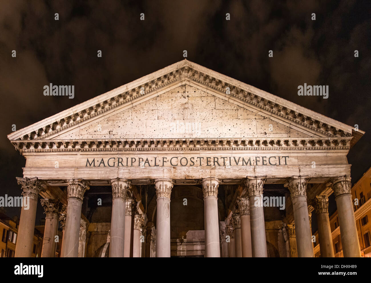 The Pantheon church exterior detail at night, Rome, Italy. Also known ...