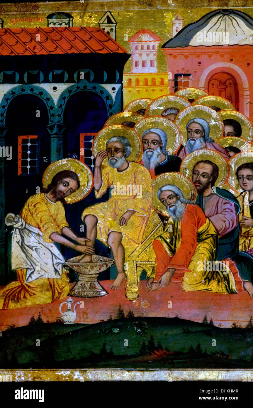 Icon of Jesus the Christ washing the feet of the disciples at the Last ...
