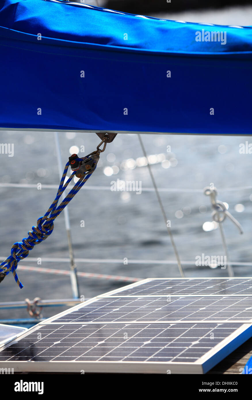 Solar charging batteries aboard a sail boat. Photovoltaic panels ...