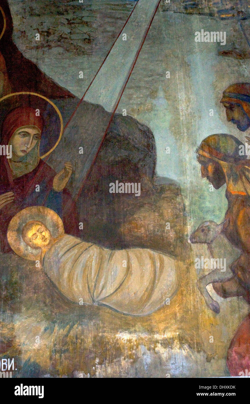 Mural in beautiful colours of the Nativity scene of the Christ Child ...