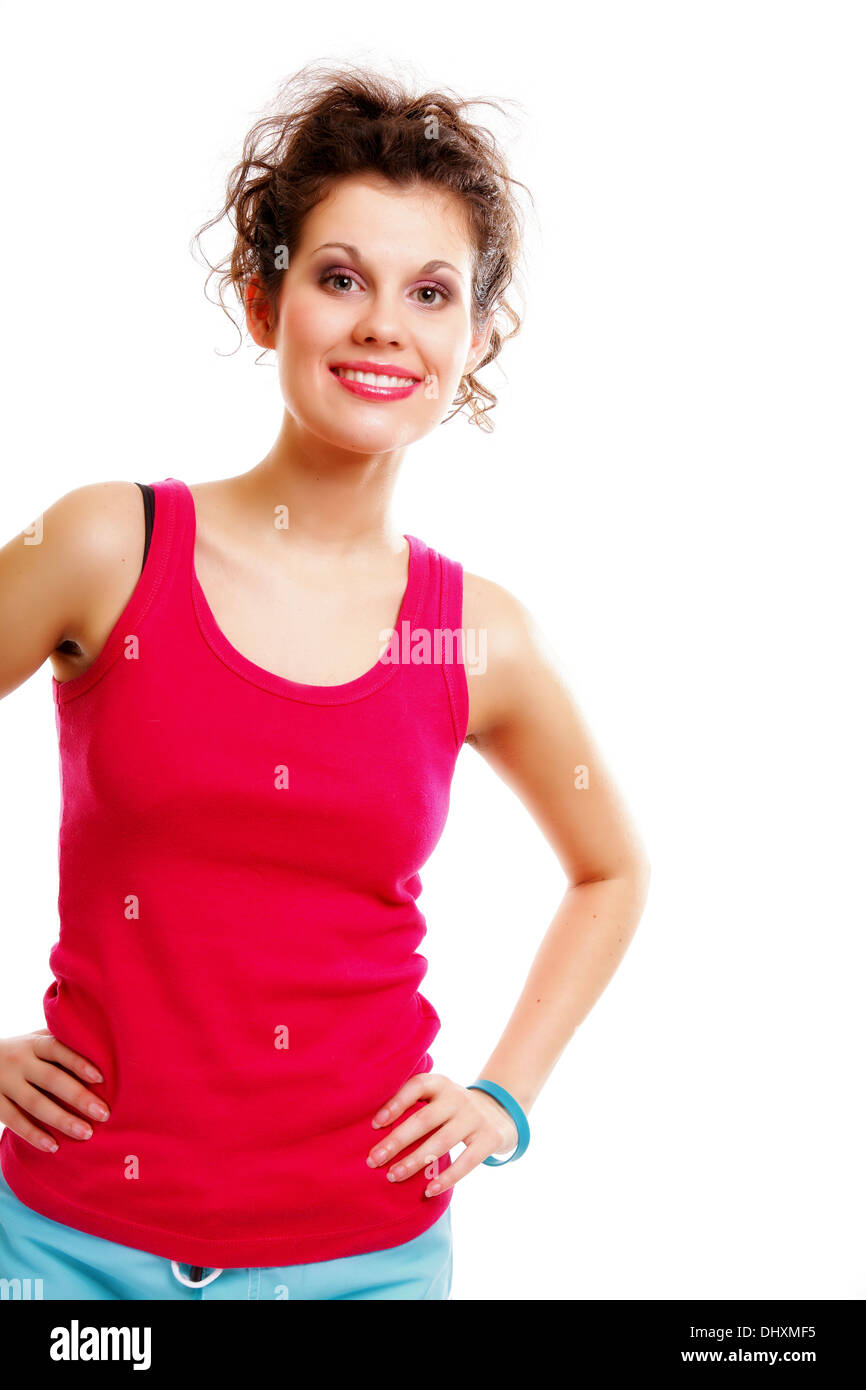 Fitness sporty happy woman after workout gym isolated on white ...