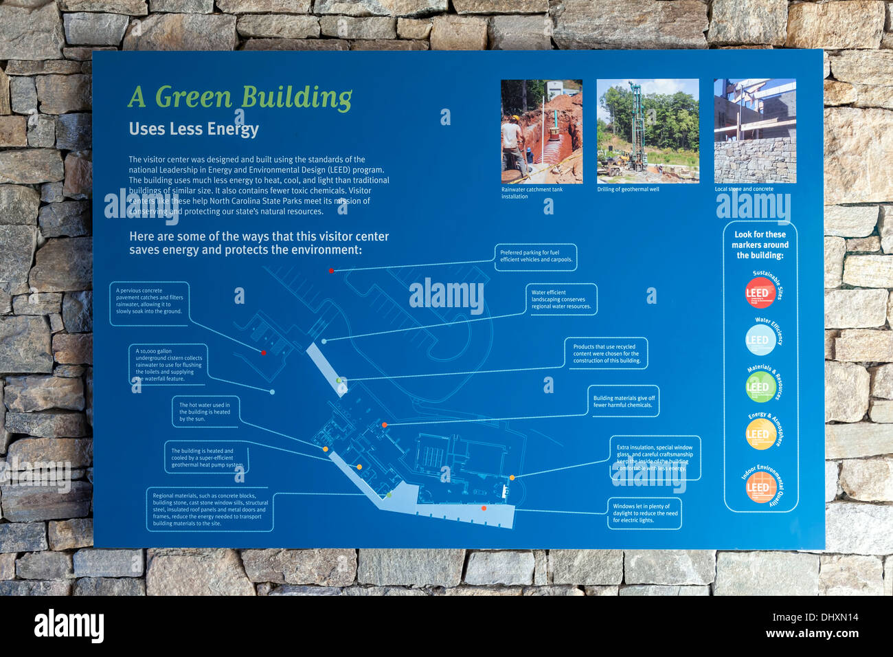 Green building sign in the LEED certified Visitors Center in Gorges ...