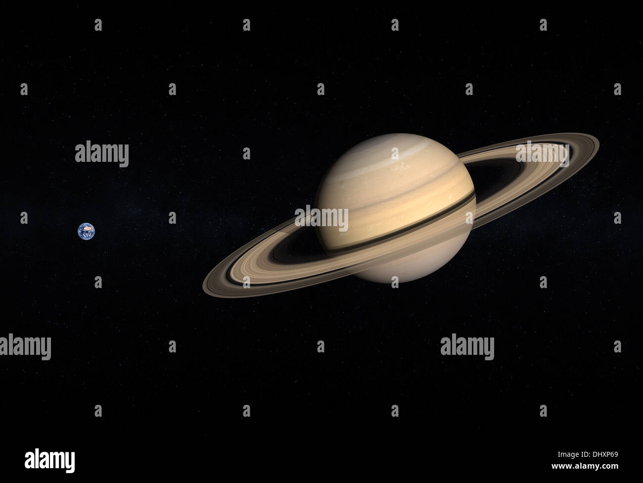 A comparison between the planets Earth and Saturn on a starry ...