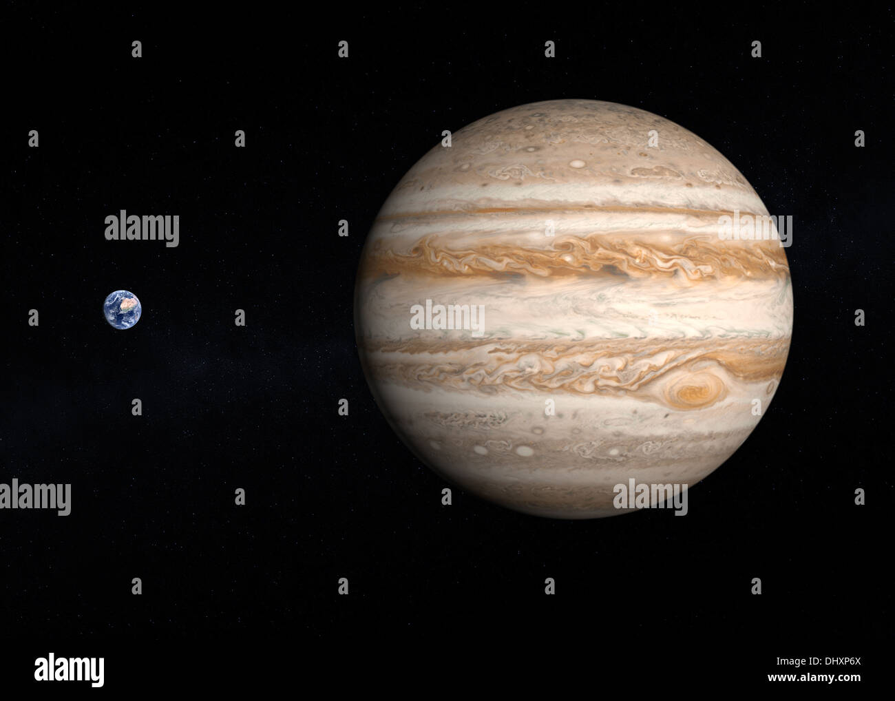 A comparison between the planets Earth and Jupiter on a slightly starry ...