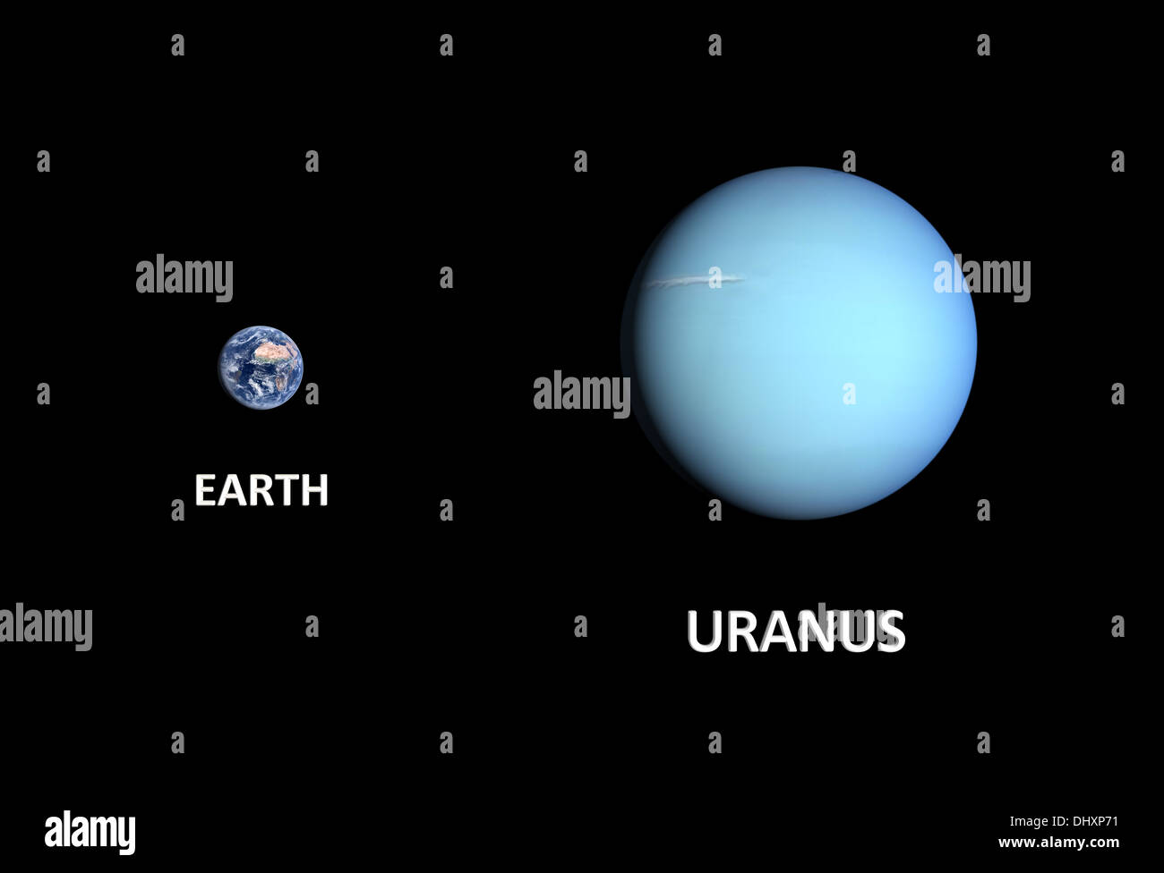 A comparison between the planets Earth and Uranus on a clean black ...