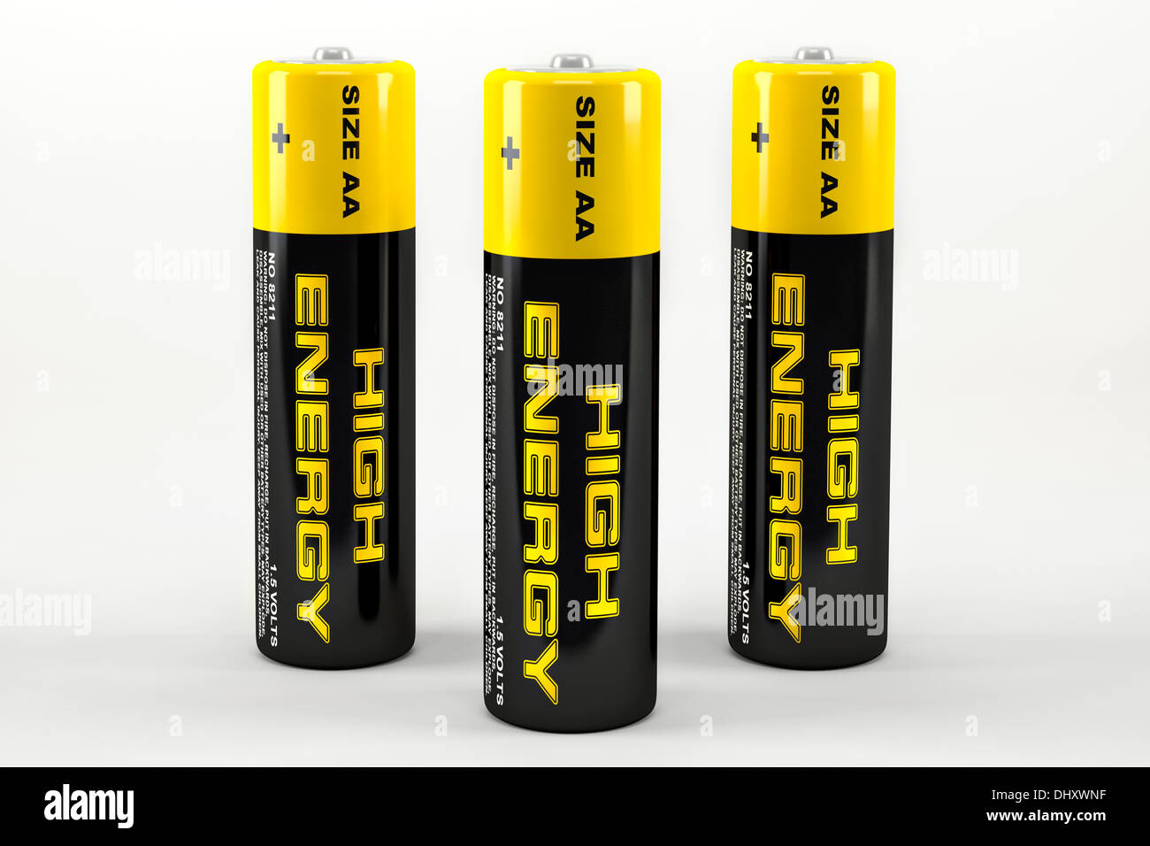 3D illustration of batteries, with text "high energy Stock Photo - Alamy