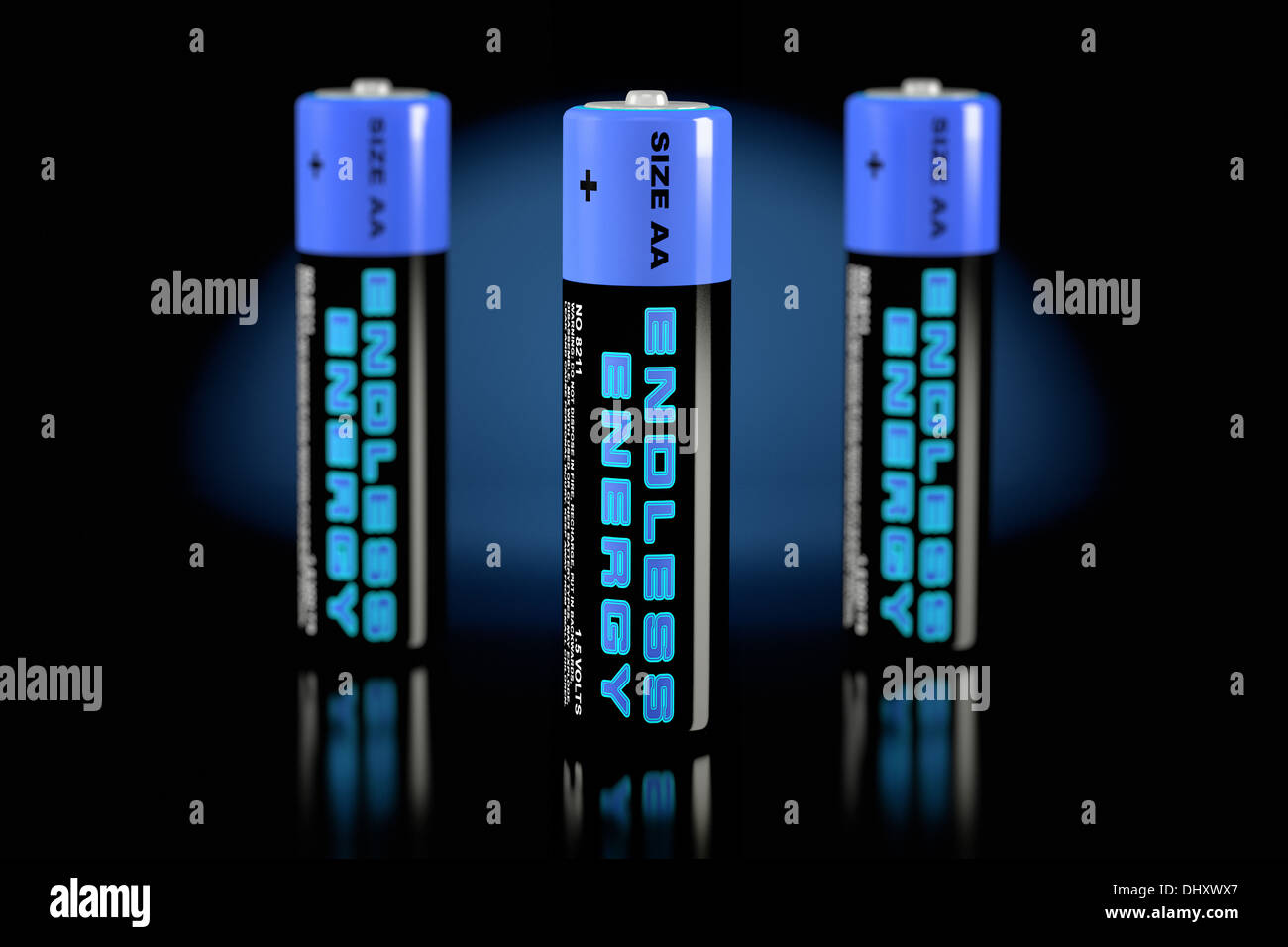 3D illustration of batteries, with text "endless energy Stock Photo - Alamy