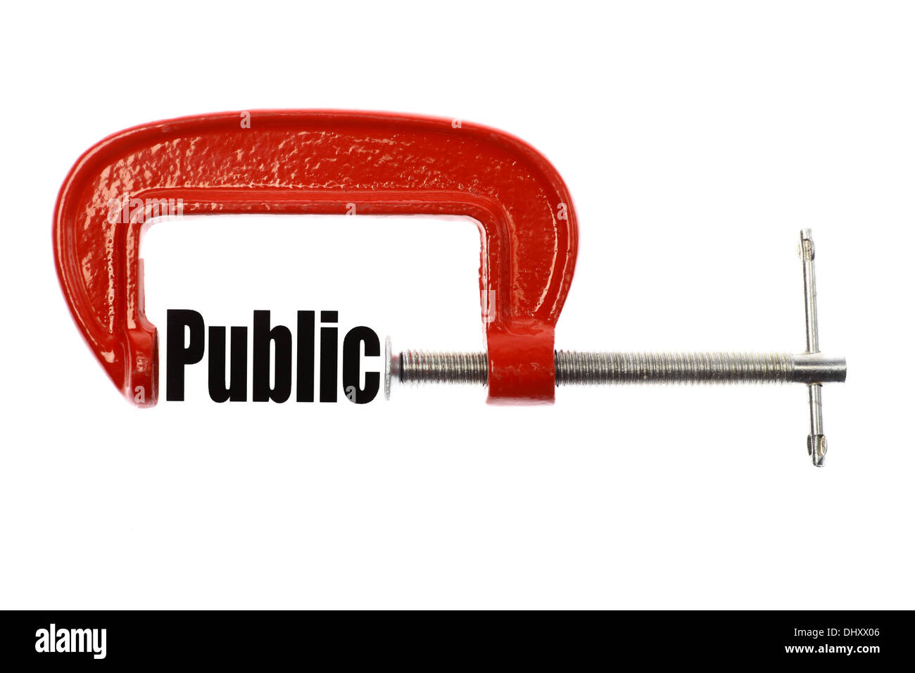 The word "Public" is compressed with a vice. Business metaphor Stock ...