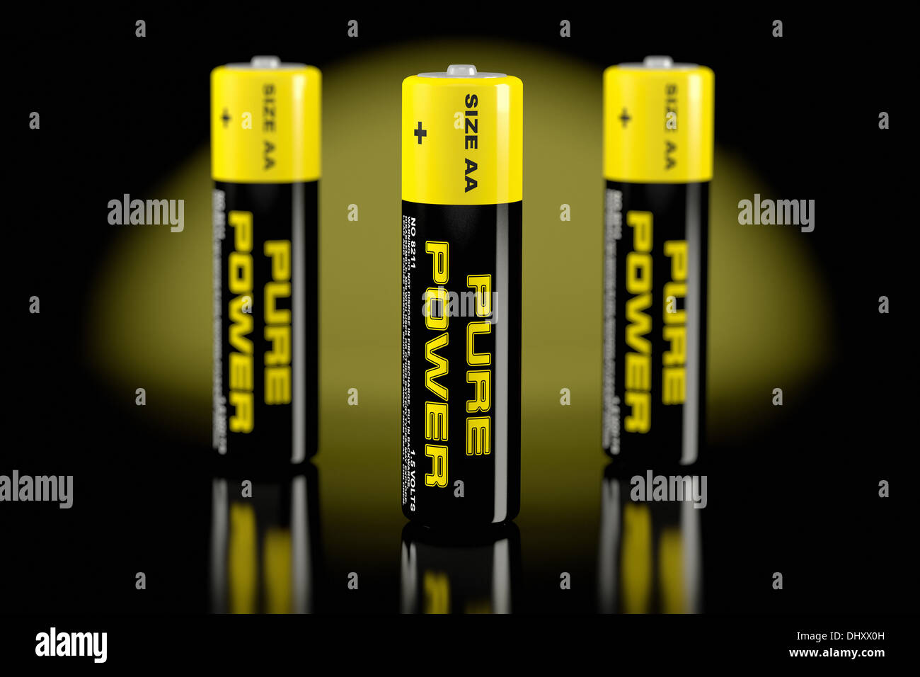 3D illustration of batteries, with text "pure power Stock Photo - Alamy