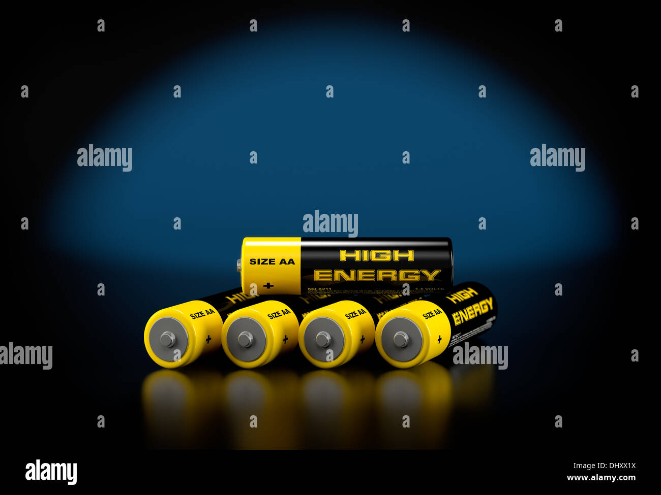 3D illustration of batteries, with text "high energy Stock Photo - Alamy