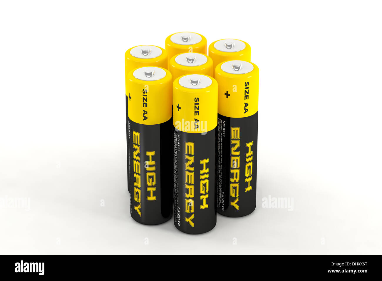 3D illustration of batteries, with text "high energy Stock Photo - Alamy