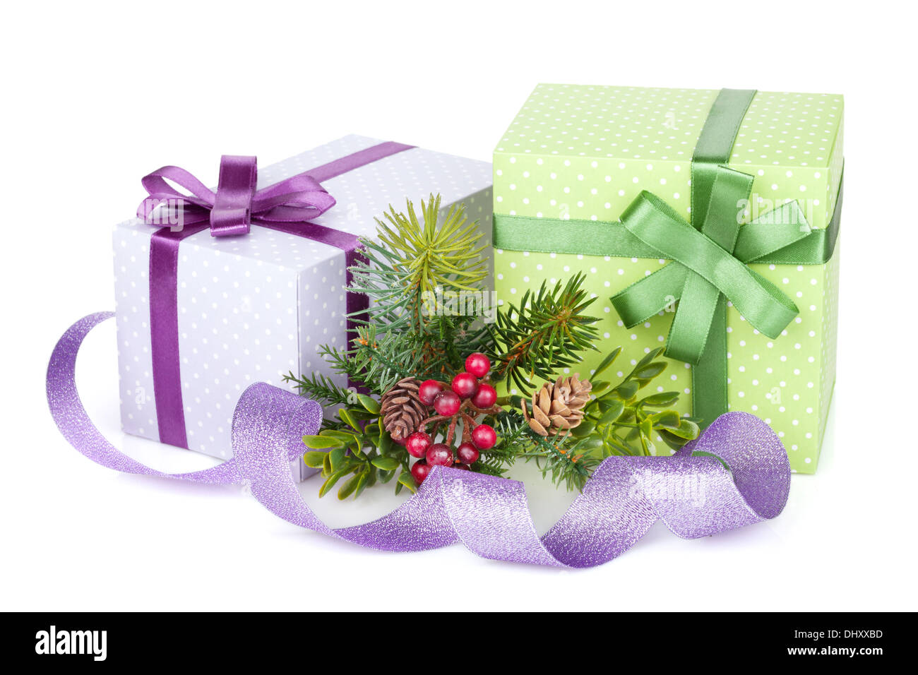 Christmas gift boxes, decor and tree. Isolated on white background ...