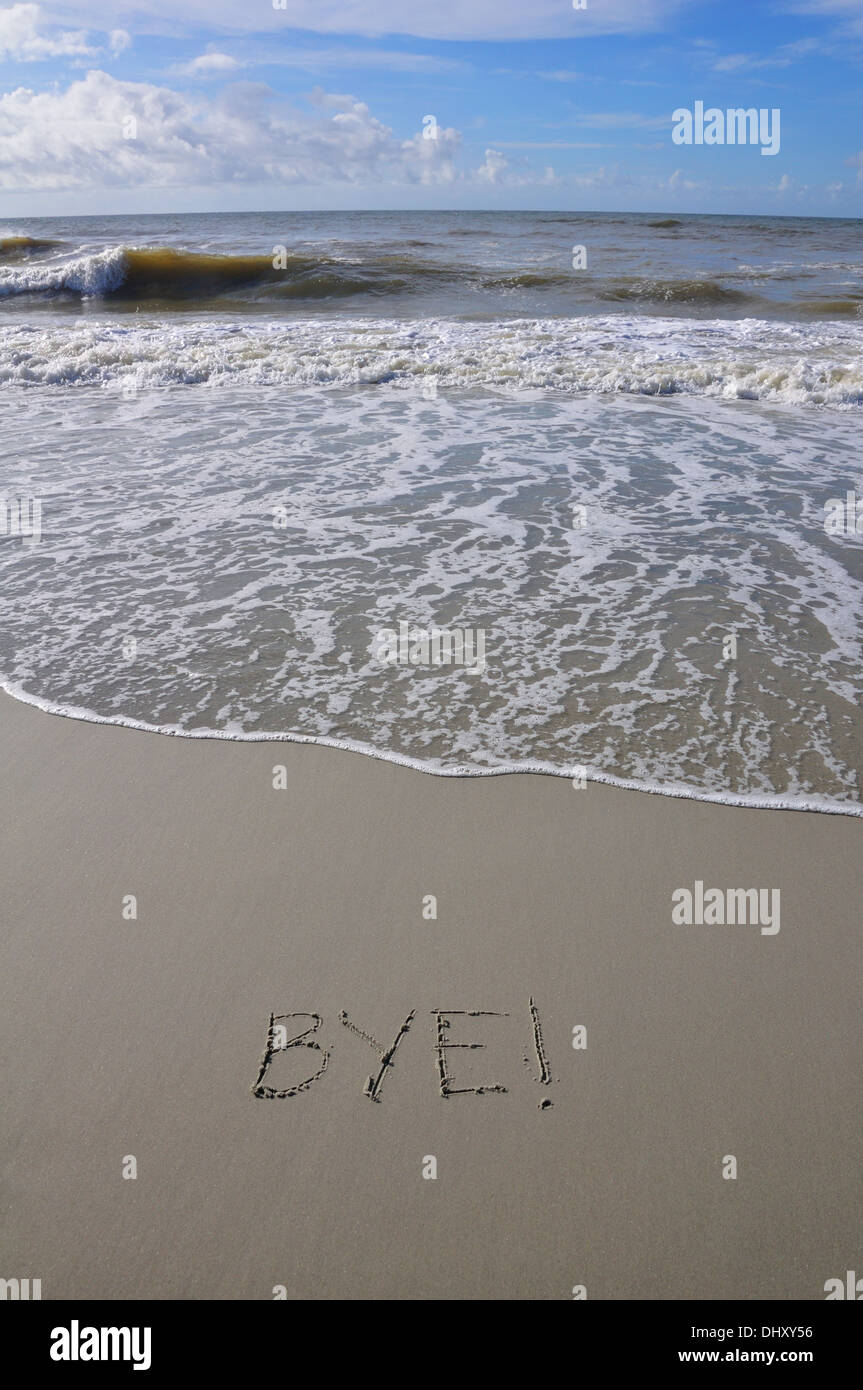 Seashore with BYE! written on the sand Stock Photo - Alamy