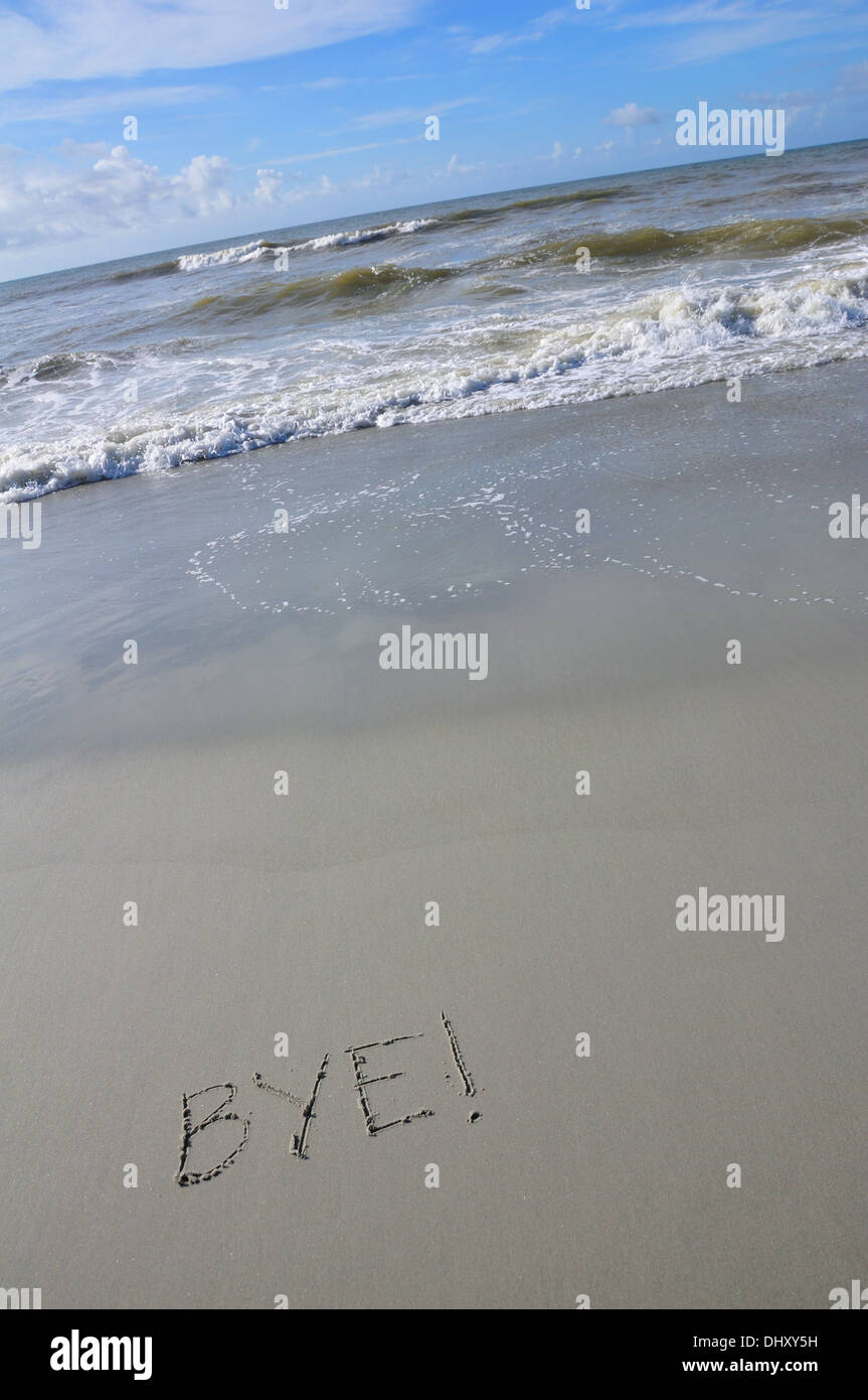 Seashore with BYE! written on the sand Stock Photo - Alamy