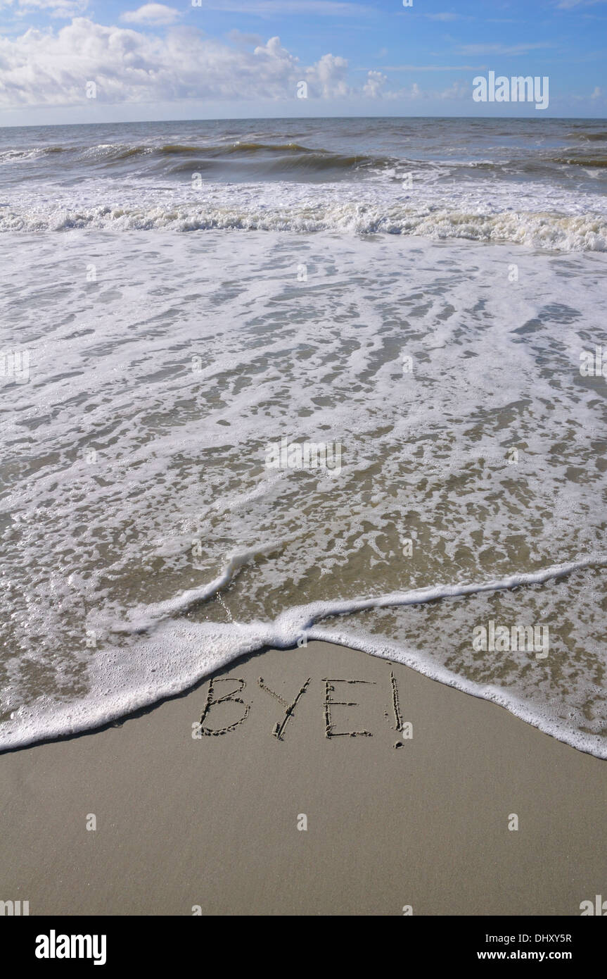 Seashore with BYE! written on the sand Stock Photo - Alamy