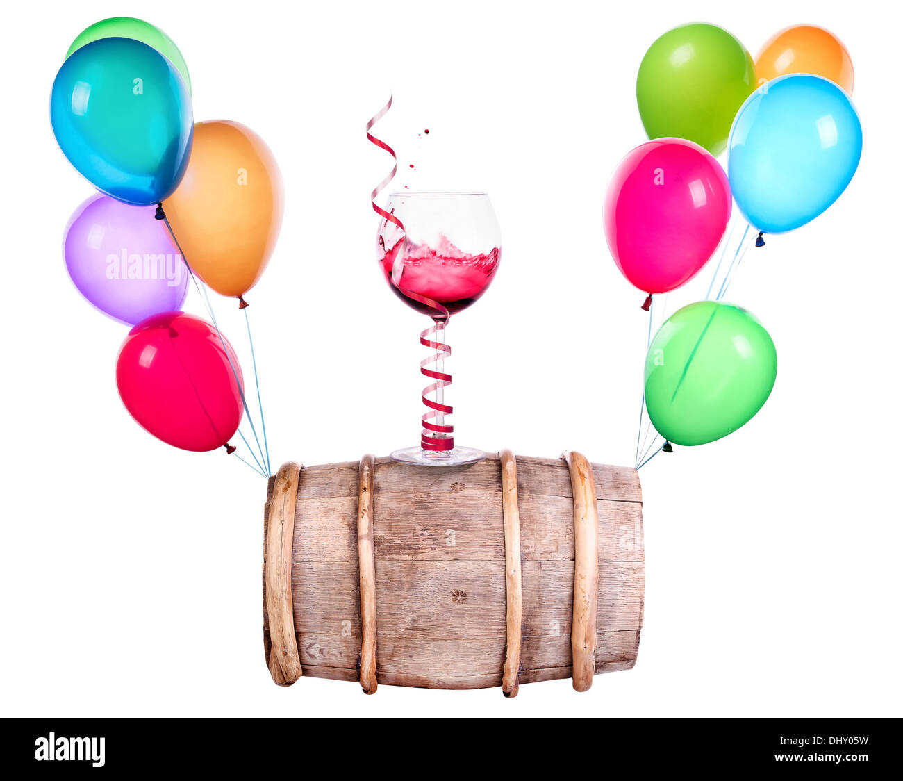 party concept with splashing red wine and flying balloons Stock Photo ...