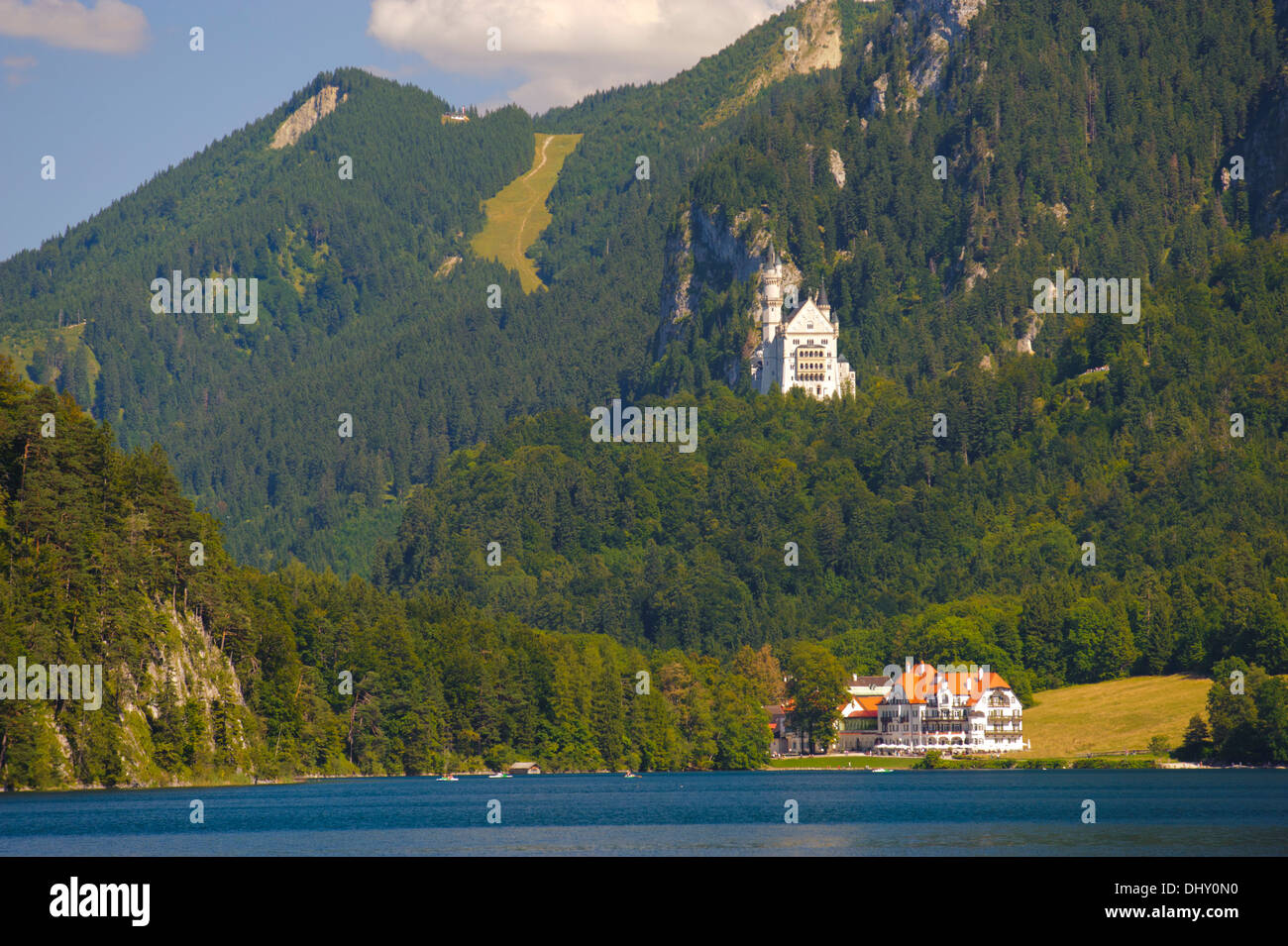 panorama rural landscape with lake Alpsee and castle Neuschwanstein in ...