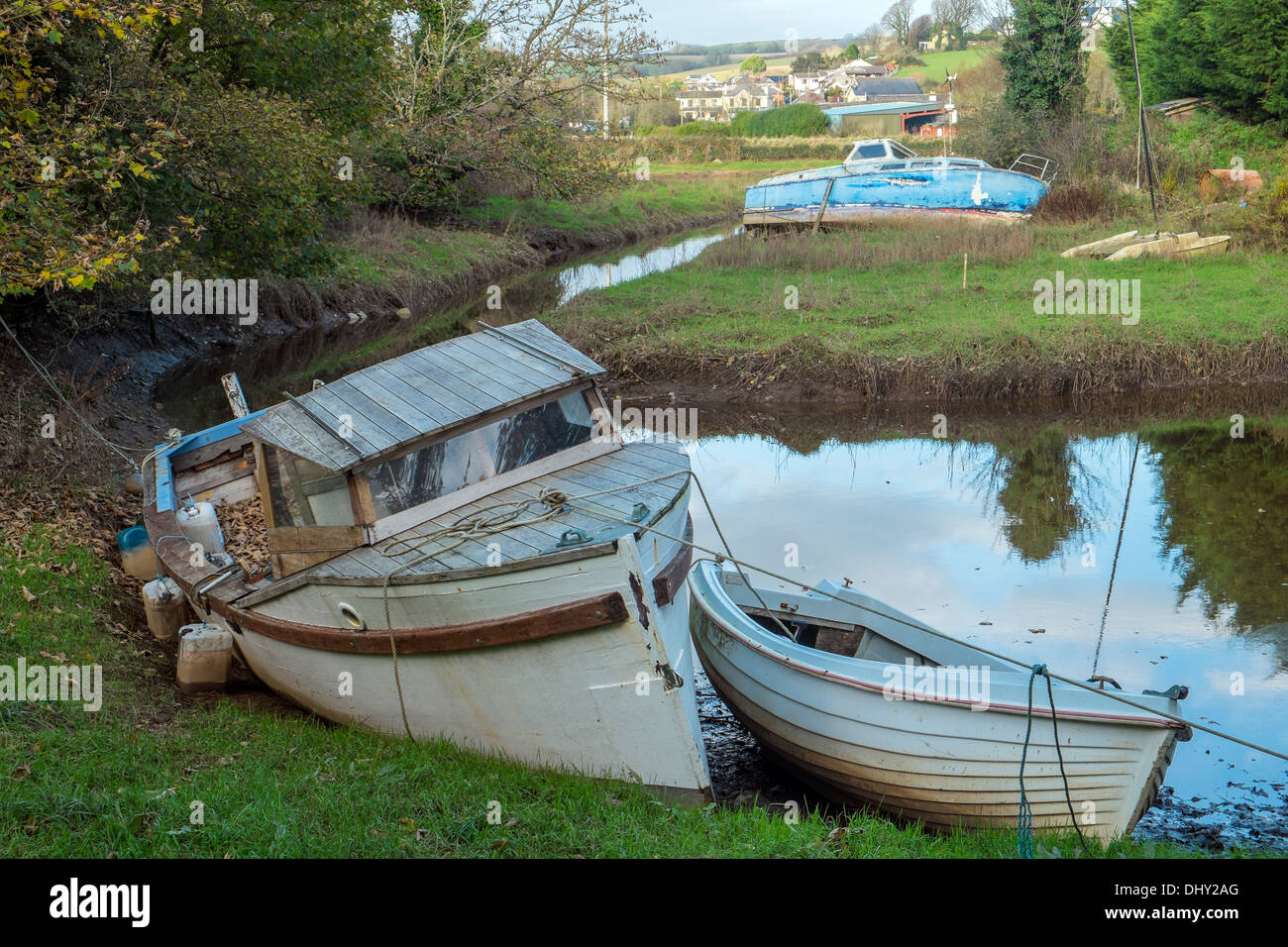 Old boats moored for Winter in a side channel of the River Avon, Aveton ...