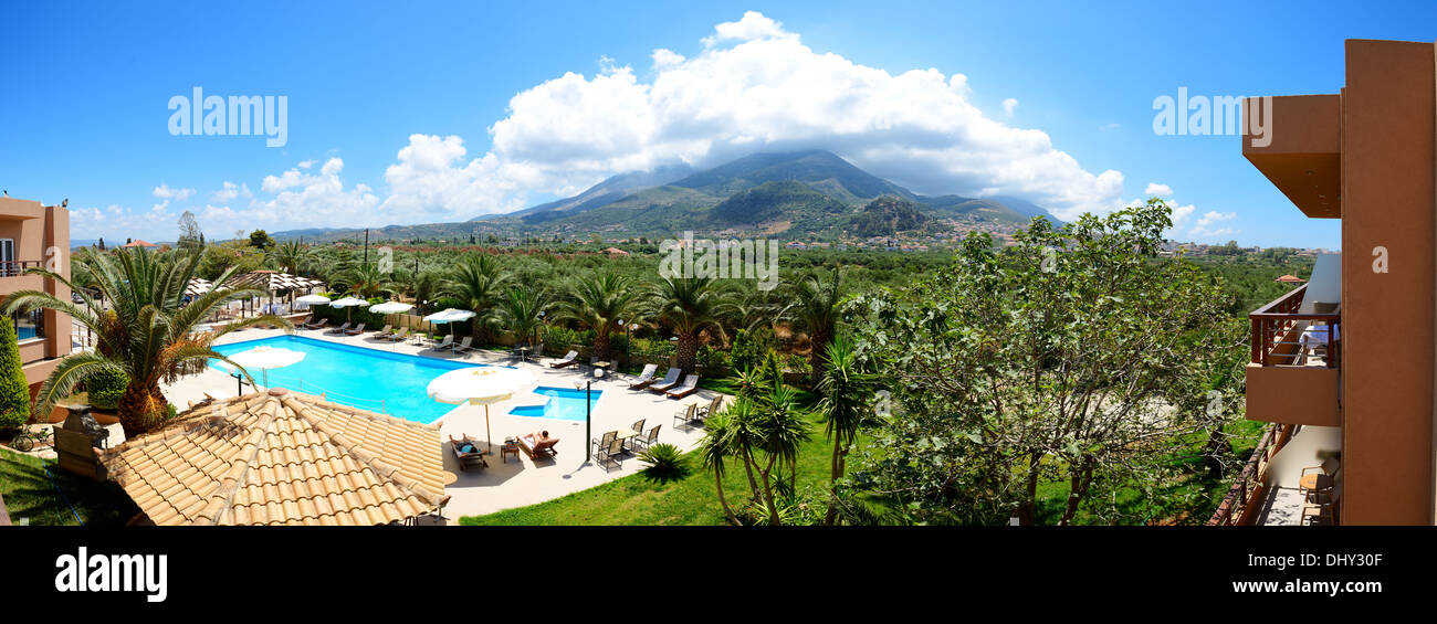 The panorama of swimming pool near luxury hotel, Peloponnes, Greece ...