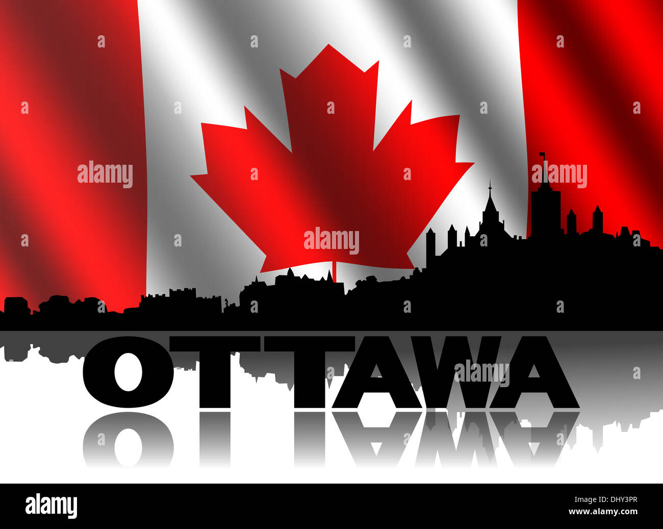 Ottawa skyline and text reflected with rippled Canadian flag ...