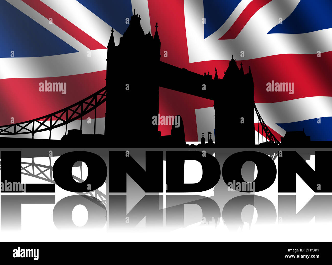 Tower Bridge and text reflected with rippled British flag illustration ...
